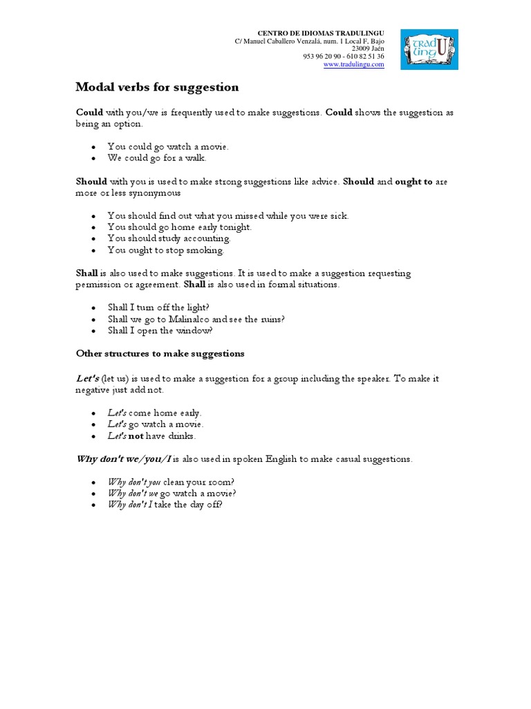 Modal Verbs for Making Suggestions | PDF | Lifestyle