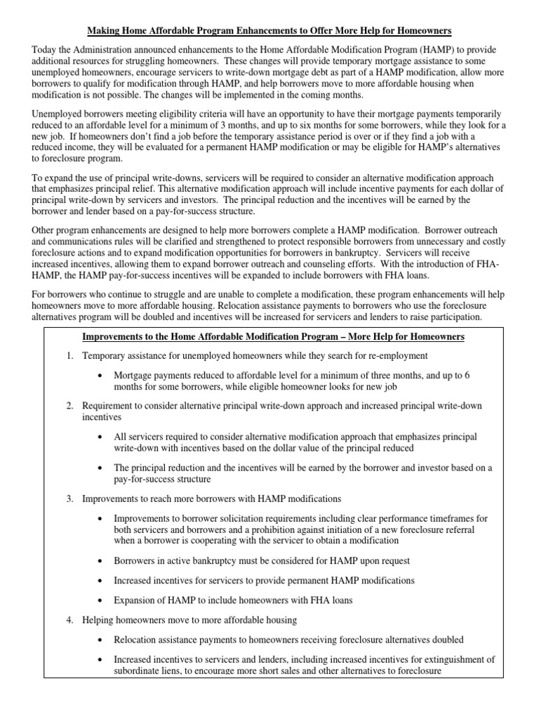 Fact Sheet On HAMP Improvements | PDF | Short Sale (Real Estate ...