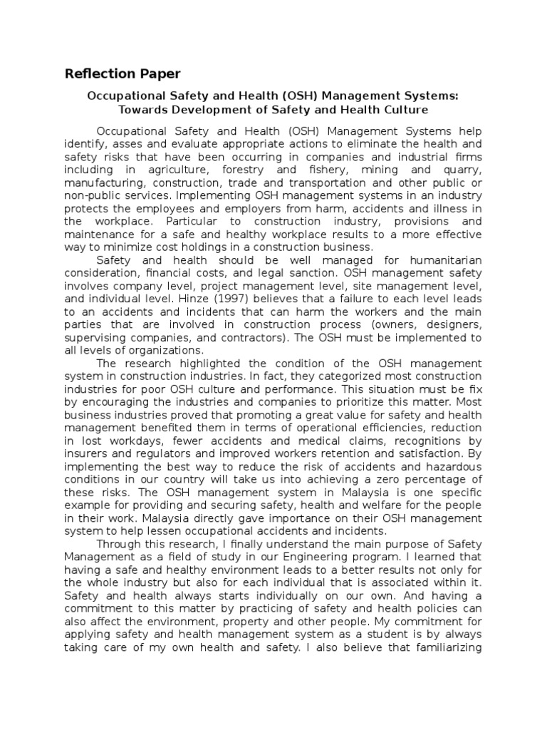 Reaction Paper For Safety Management | PDF | Occupational Safety And ...