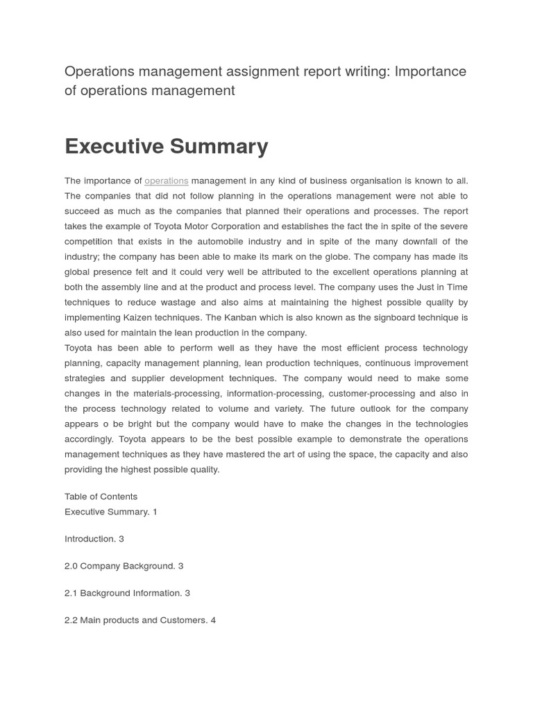 Executive Summary: Operations Management Assignment Report Writing ...