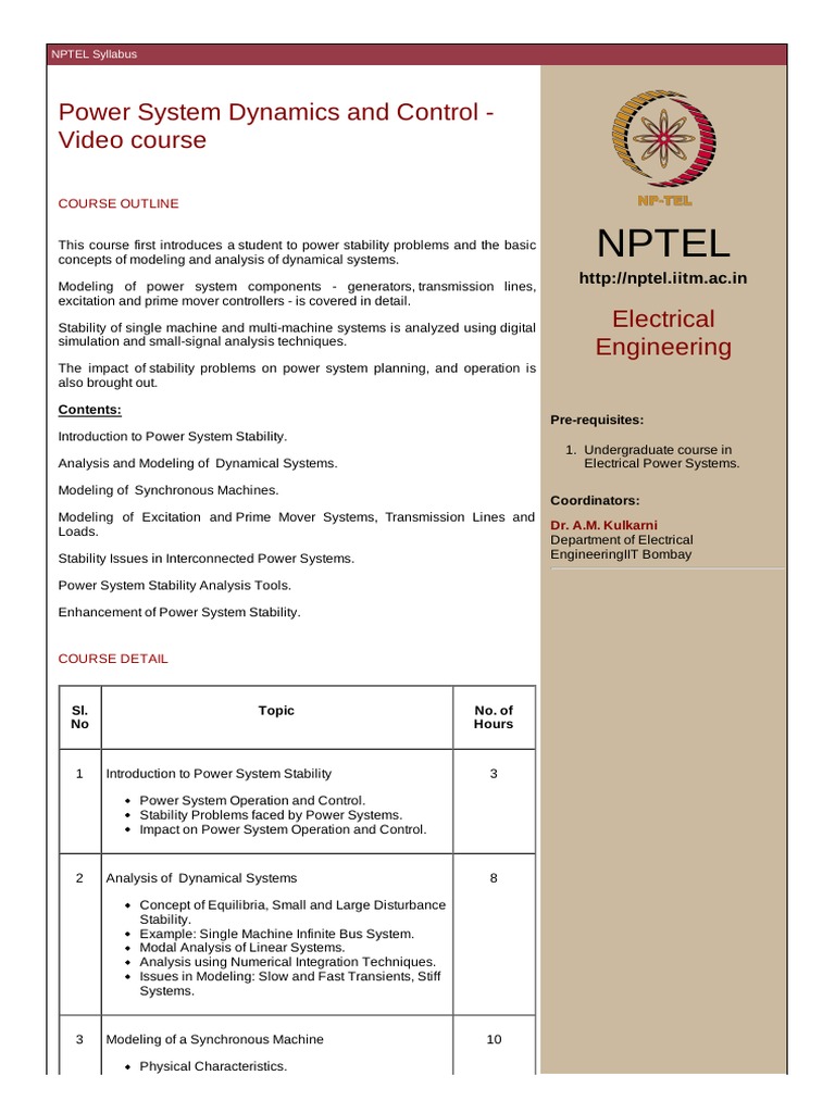 Power System Dynamics Course Outline | PDF | Electric Power System | Force
