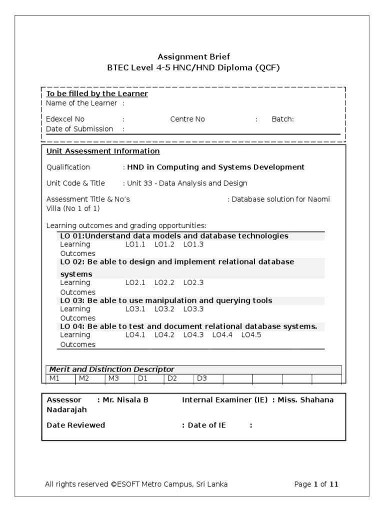 Assignment Brief BTEC Level 4-5 HNC/HND Diploma (QCF) : Merit and Distinction Descriptor | PDF ...
