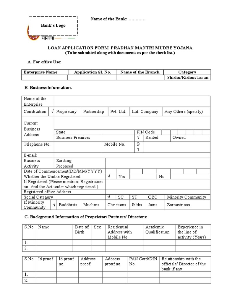 Common Loan Application Form Under Pradhan Mantri MUDRA Yojana | PDF ...