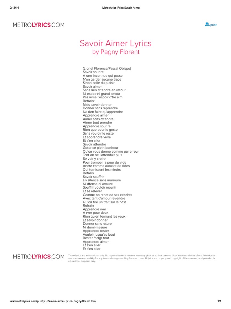 Paroles de "Savoir Aimer" - Florent Pagny | PDF