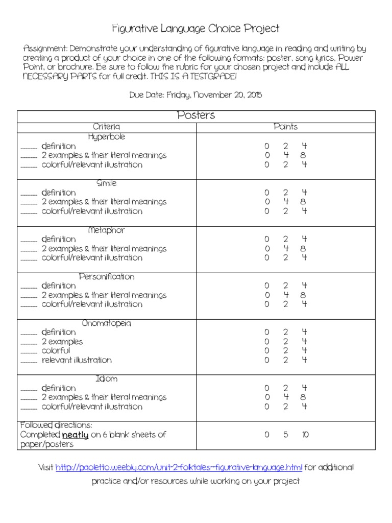Figurative Language Choice Project Rubrics | PDF | Idiom | Metaphor