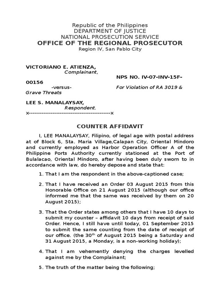 Counter - Affidavit Manalaysay | Negligence | Affidavit