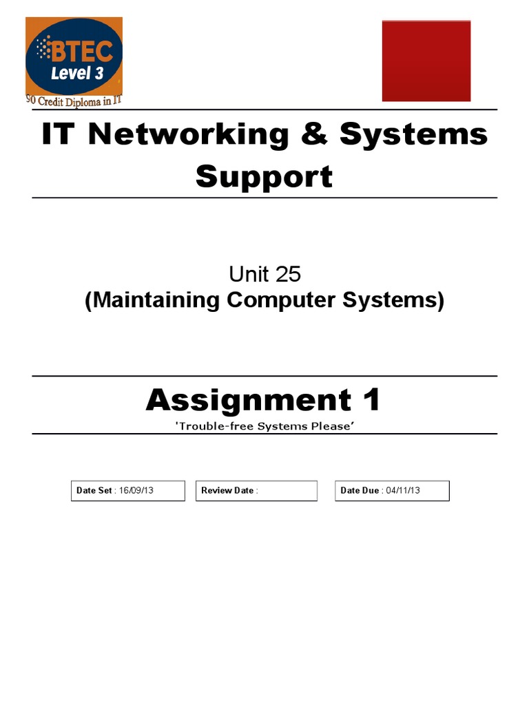 BTEC National Level 3 IT Maintaining Computer Systems Assignment 1 ...