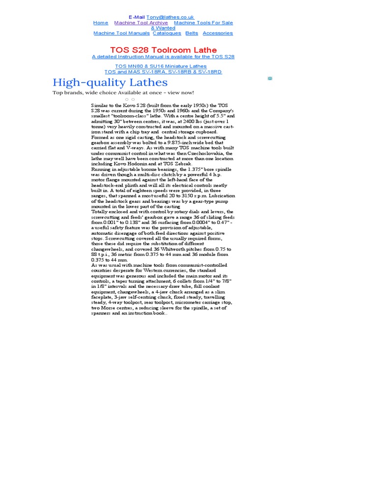 TOS S28 Toolroom Lathe | PDF