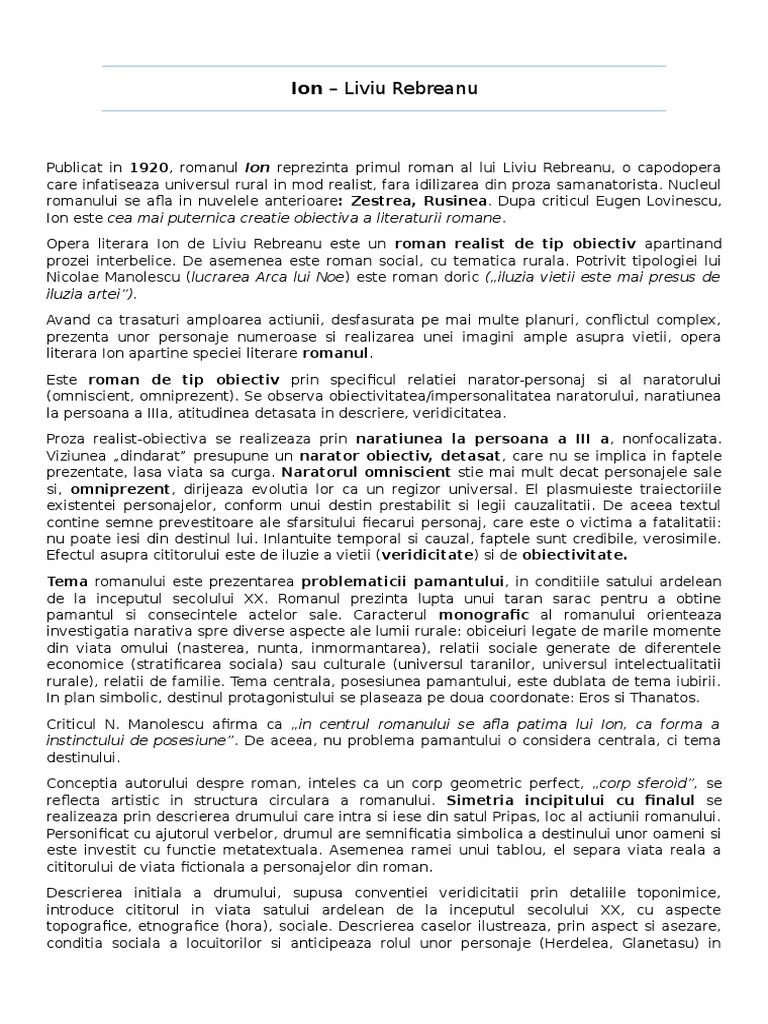 Ion - Liviu Rebreanu - Eseu Bac | PDF