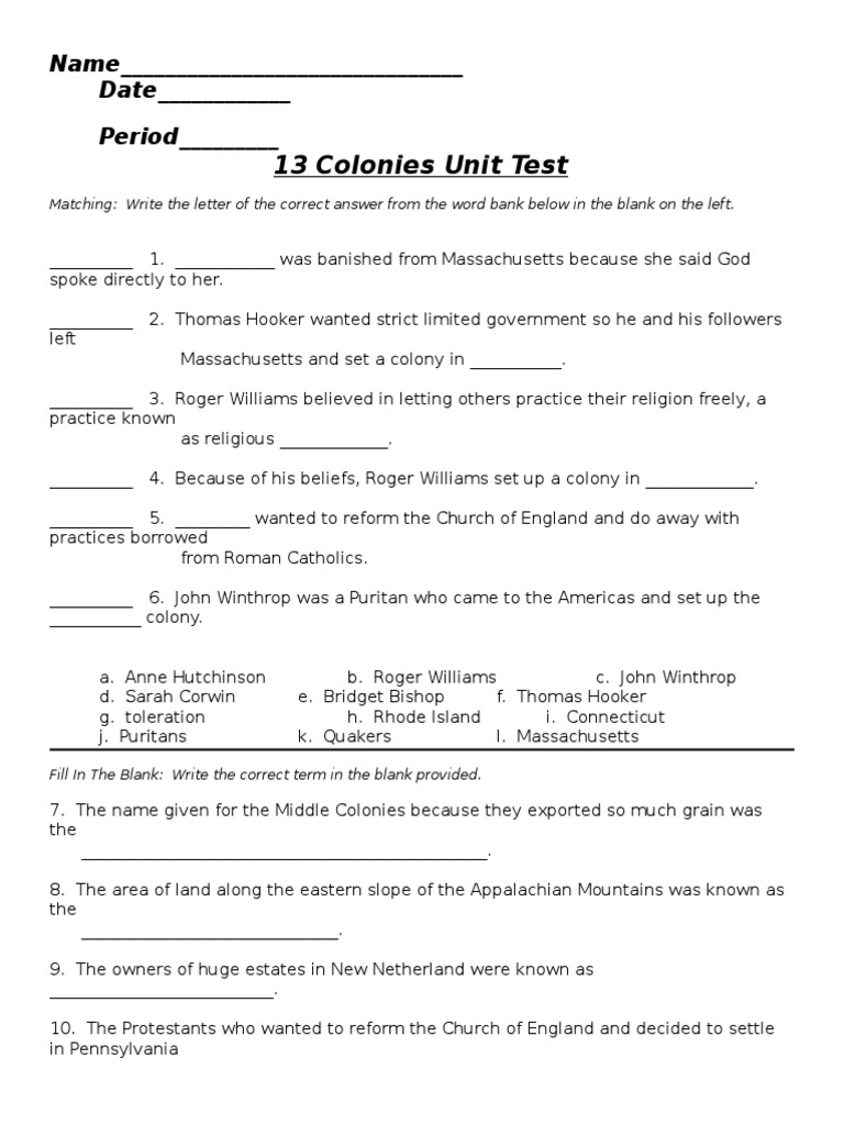 13 Colonies Unit Test | PDF | The United States | Slavery