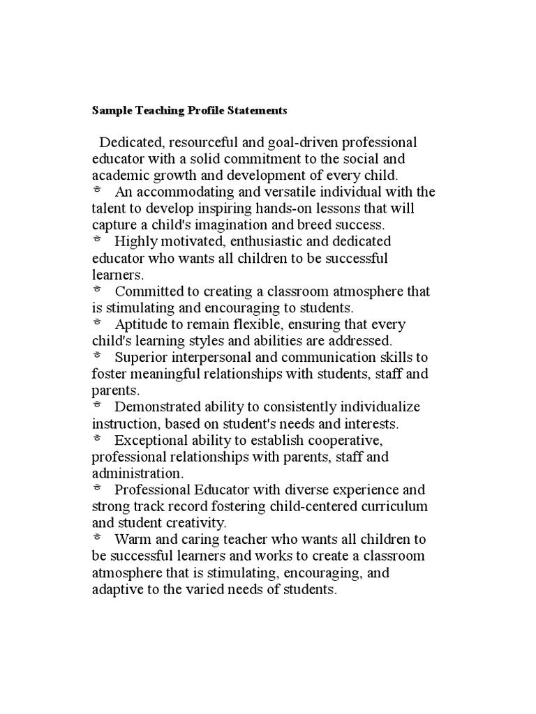 Sample Teacher Profile Statements | PDF | Motivation | Motivational