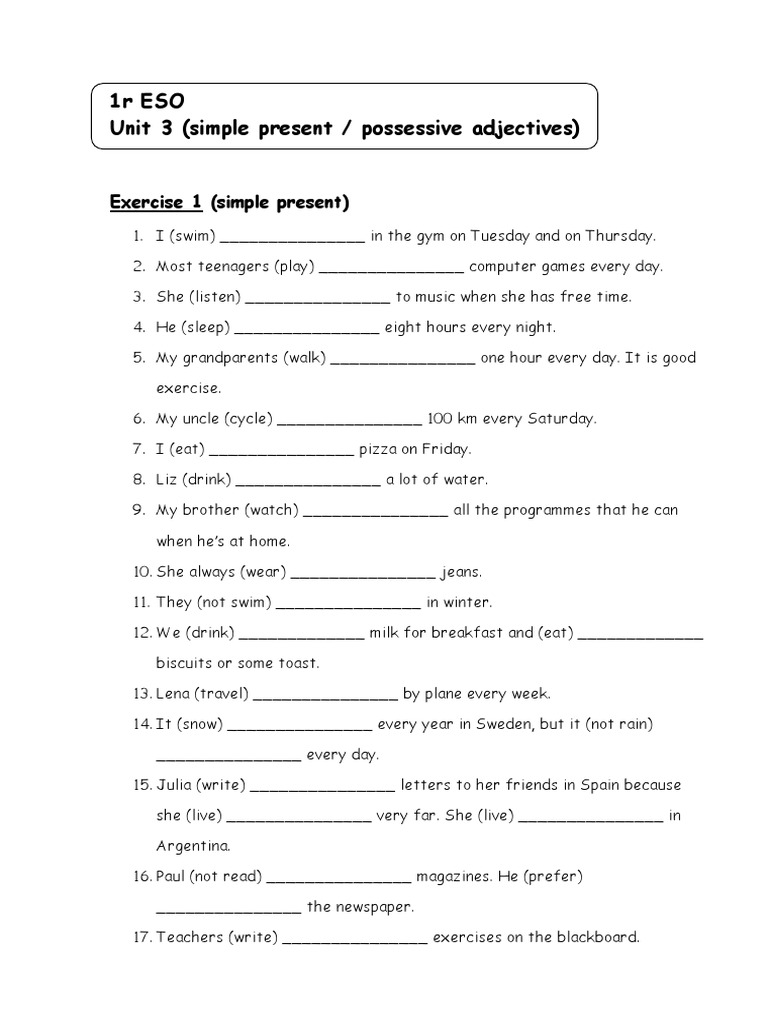 1r ESO Unit 3 (Simple Present / Possessive Adjectives) | PDF | Food And Drink | Foods