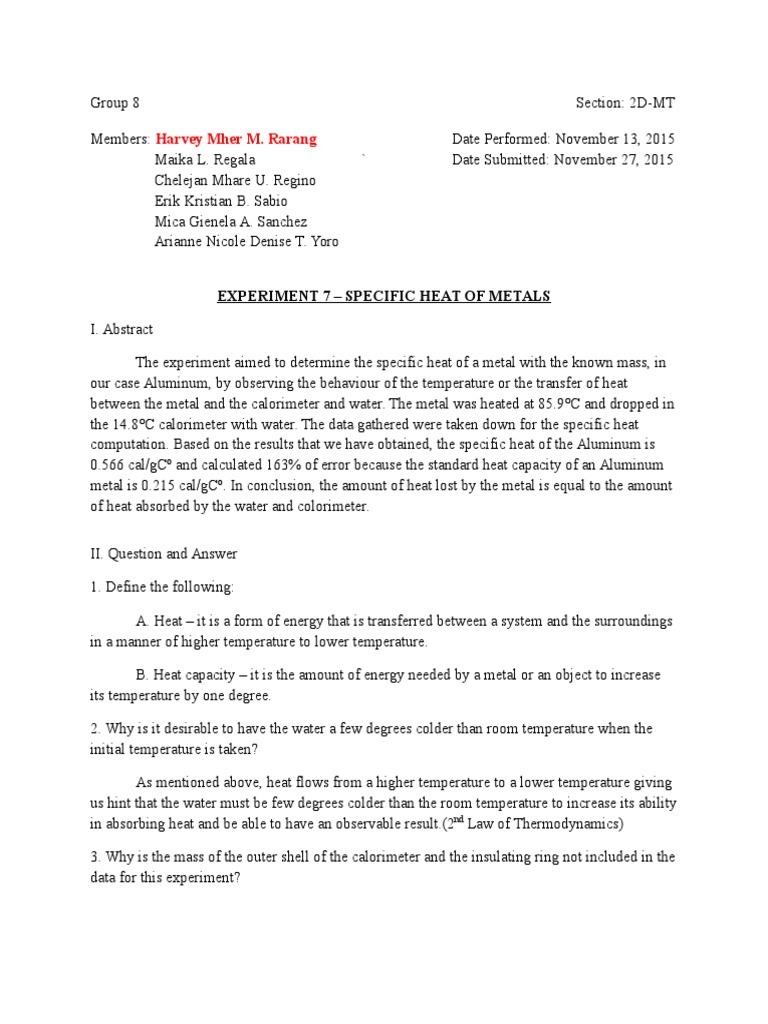 Experiment-7-Specific Heat of Metals | PDF | Heat | Heat Capacity