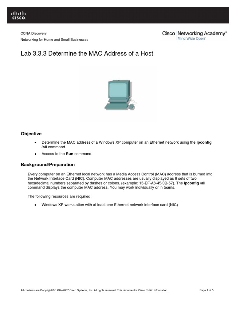 Lab 3.3.3 Determine The MAC Address of A Host: Objective | PDF ...