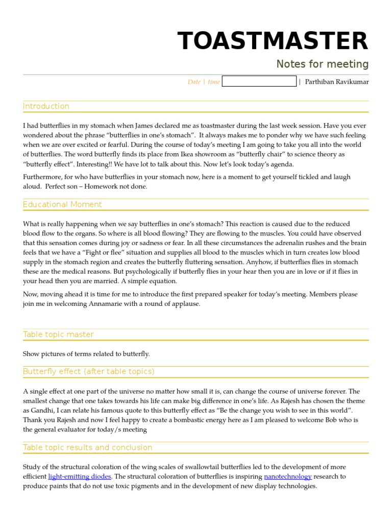 Toastmaster: Notes For Meeting | Download Free PDF | Butterfly | Nature