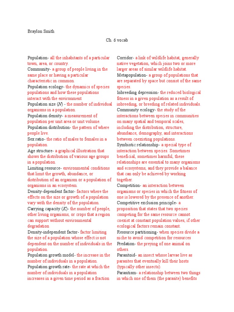CH 6 Apes Vocab | PDF | Ecology | Population