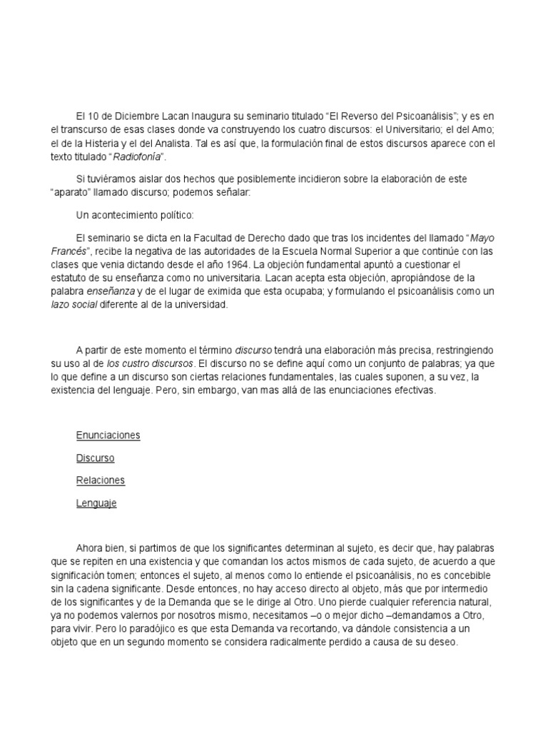 Cuatro Discursos de Lacan: Explicación | PDF | Jacques Lacan ...
