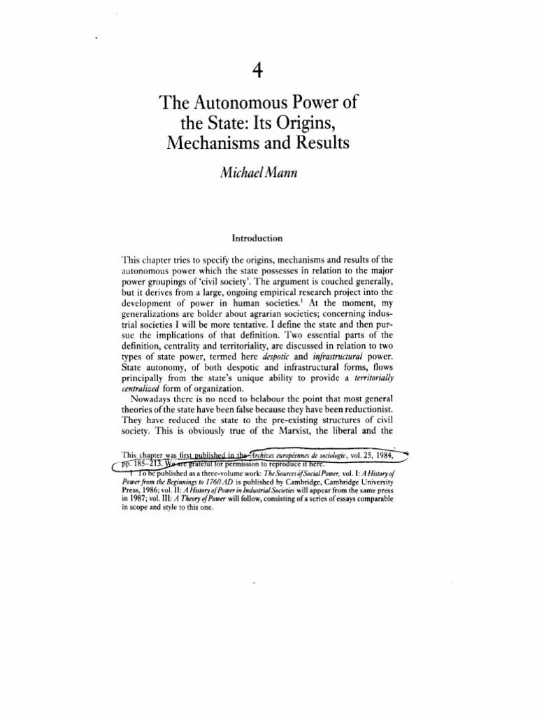 The Autonomous Power of The State - Michael Mann | PDF