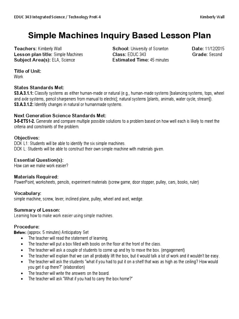 Simple Machine Lesson Plan - Kimberly Wall | PDF | Lesson Plan | Machines
