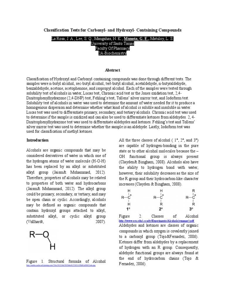 Classification Tests For Carbonyl and Hydroxyl Groups | PDF | Aldehyde ...