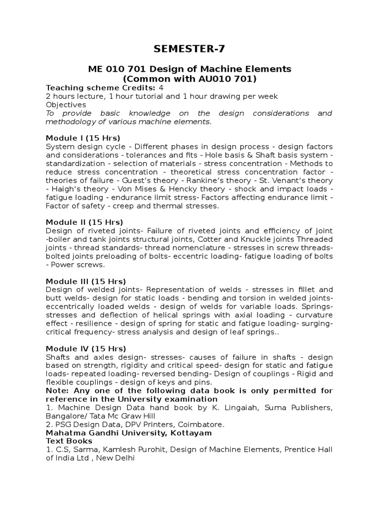 Semester-7: ME 010 701 Design of Machine Elements (Common With AU010 ...