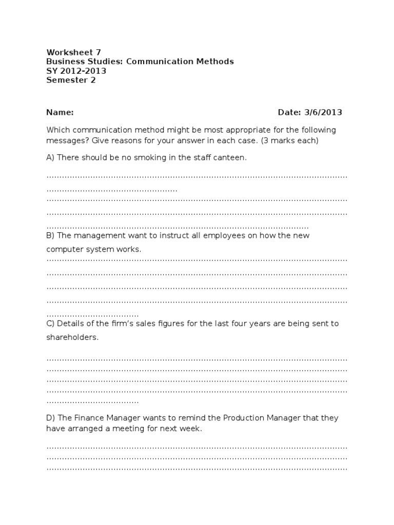 Worksheet 7 - Communcation Methods | PDF | Business | Computers