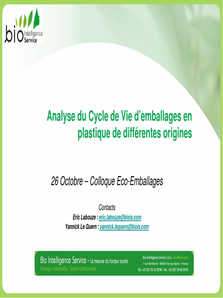 Analyse Du Cycle de Vie D Emballages en Plastiques de Differentes ...