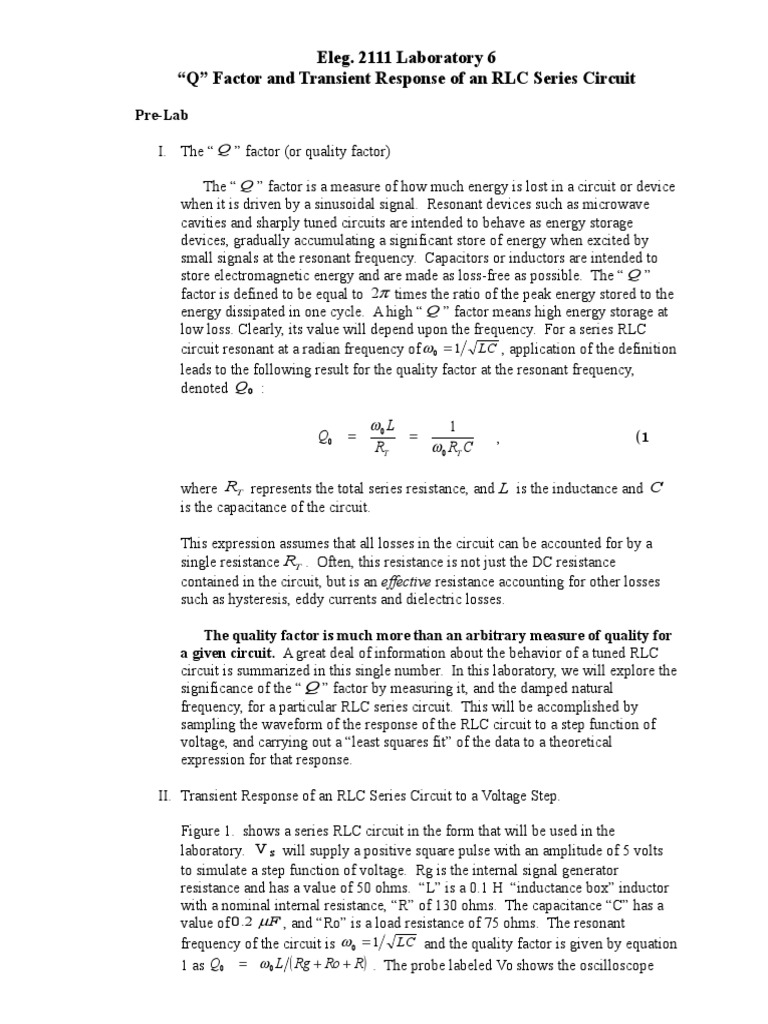 Eleg. 2111 Laboratory 6 "Q" Factor and Transient Response of An RLC ...