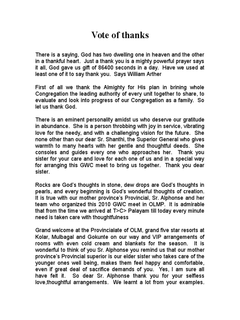 Vote of Thanks - Sr. Salomei | PDF | Prayer | Religious Behaviour And ...