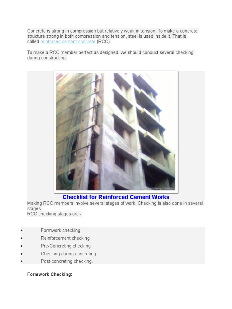 Checklist For RCC Work | PDF | Concrete | Industries