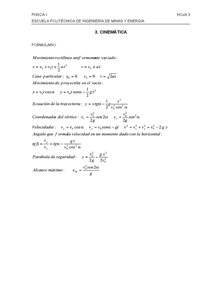 Cinematica Formulario | PDF | Velocidad | Proyectiles