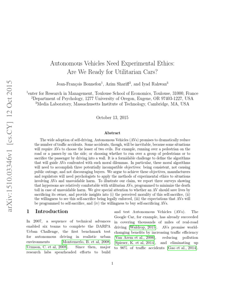 Autonomous Vehicles Need Experimental Ethics | PDF | Autonomous Car ...