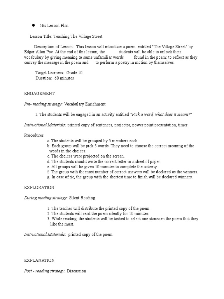 Poem 5es Lesson Plan Sources | PDF | Lesson Plan | Poetry