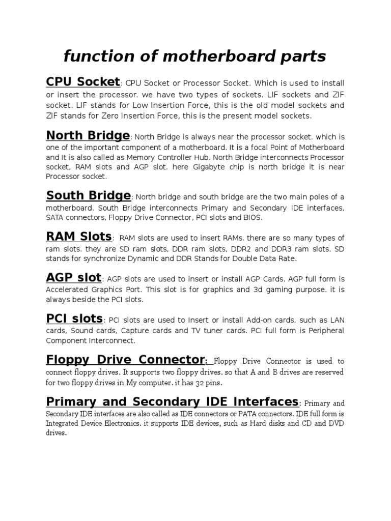 Function of Motherboard Parts | PDF | Computer Architecture | Computer Data Storage