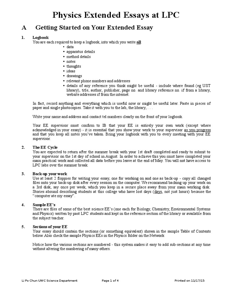 Physics Extended Essays at LPC: A Getting Started On Your Extended ...