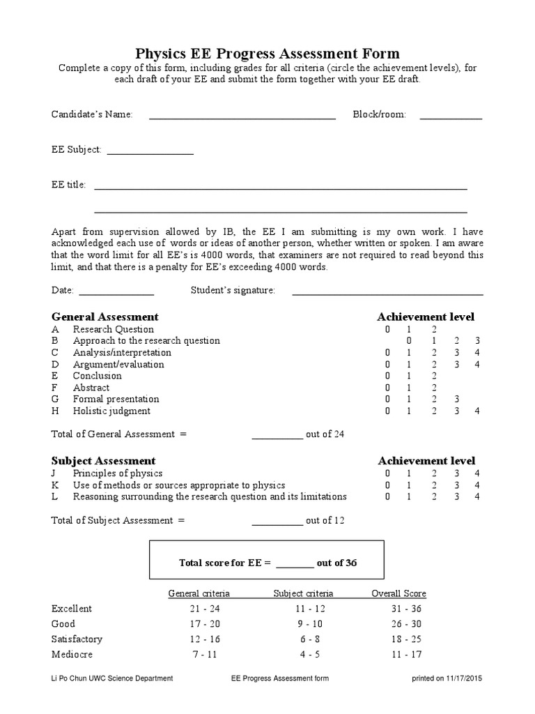 Physics EE Progress Assessment Form: General Assessment Achievement ...