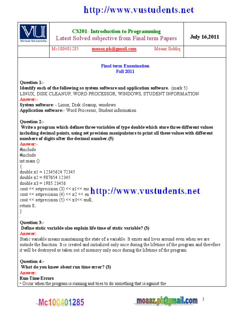 CS201 Final Term Solved Papers | PDF | Pointer (Computer Programming) | Subroutine