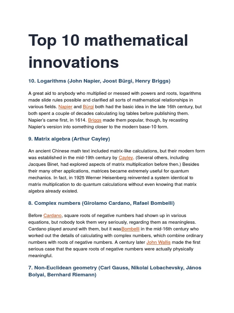 Top 10 Mathematical Innovations | PDF | Non Euclidean Geometry | Matrix ...