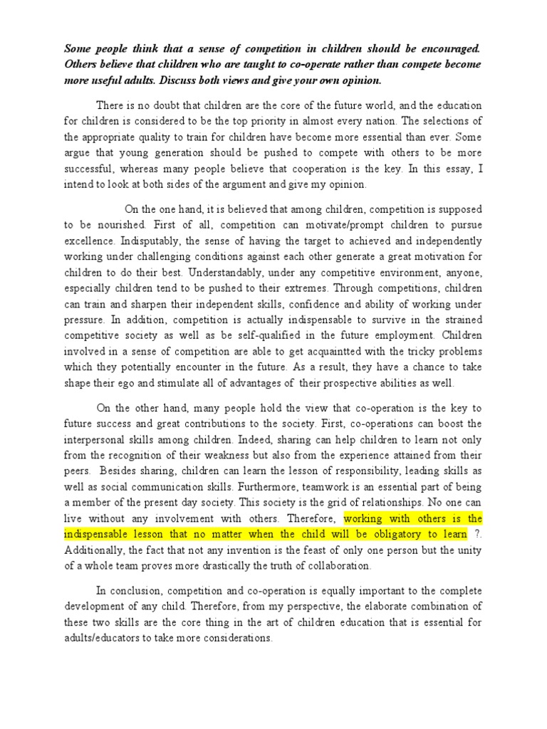 Some People Think That A Sense of Competition in Children Should Be ...