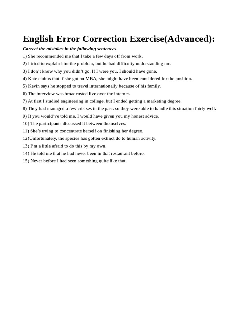Advanced English Error Correction Exercises | PDF | Verb | Semantics