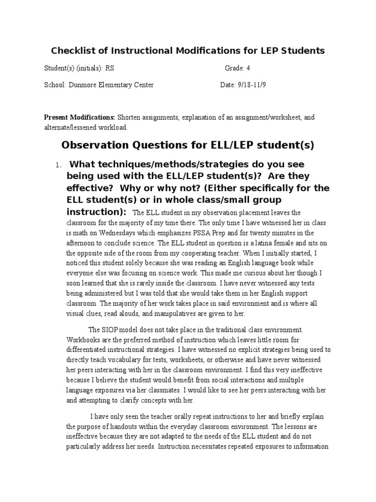 Ell Observation Report | PDF | Classroom | English As A Second Or ...
