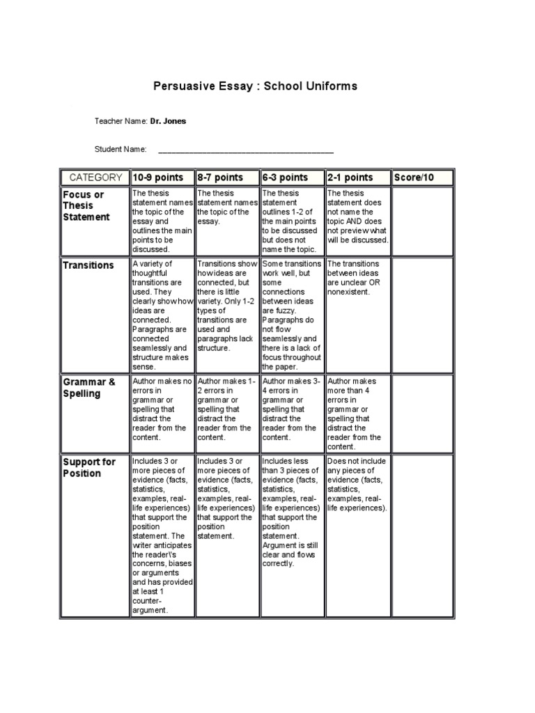 School Uniforms Persuasive Essay Guide | PDF | Language Arts & Discipline