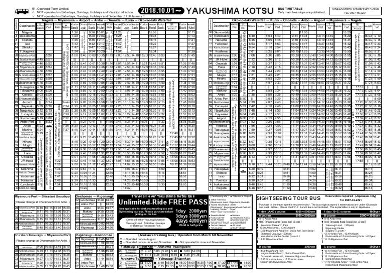 Yakushima Kotsu Bus Timetable 2019 | PDF | Tourism | Services (Economics)