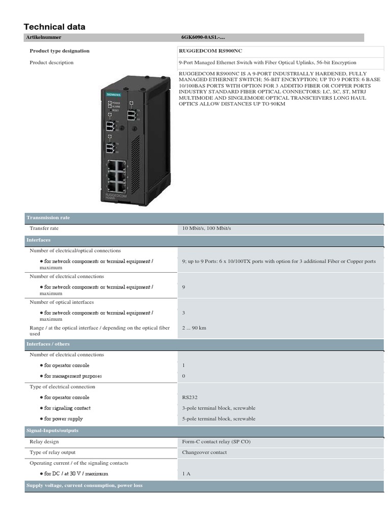 Ruggedcom RS900NC Ethernet Switch Overview | PDF | Electrical Connector ...