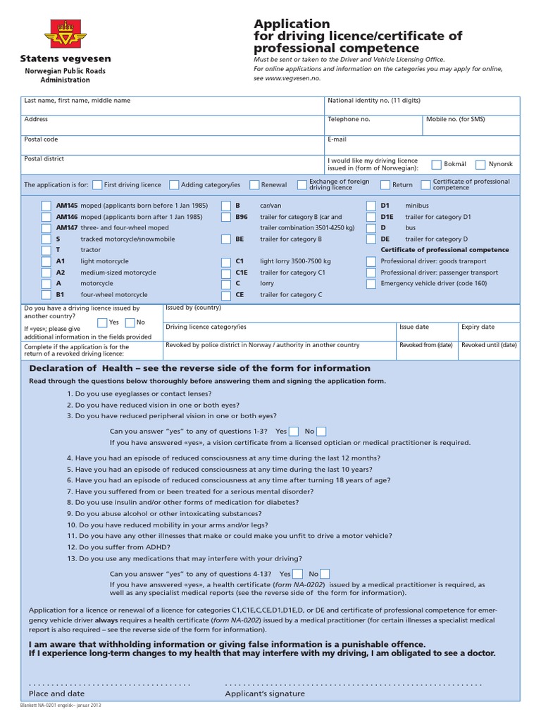 Application for Driving Licence or Certificate of Professional ...