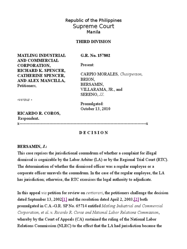 Matling Industrial Commercial Corp. Vs Coros | PDF | Board Of Directors ...