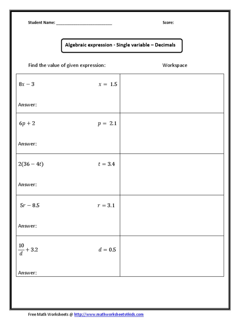 Expression Value Decimals 1variable | PDF