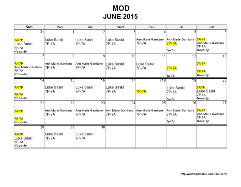 June 2015 Staff Schedule Calendar | PDF