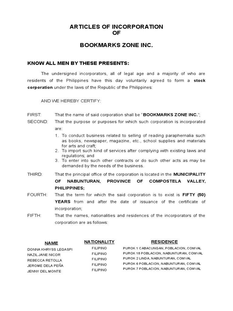 Articles of Incorporation (Sample) | Notary Public | Government