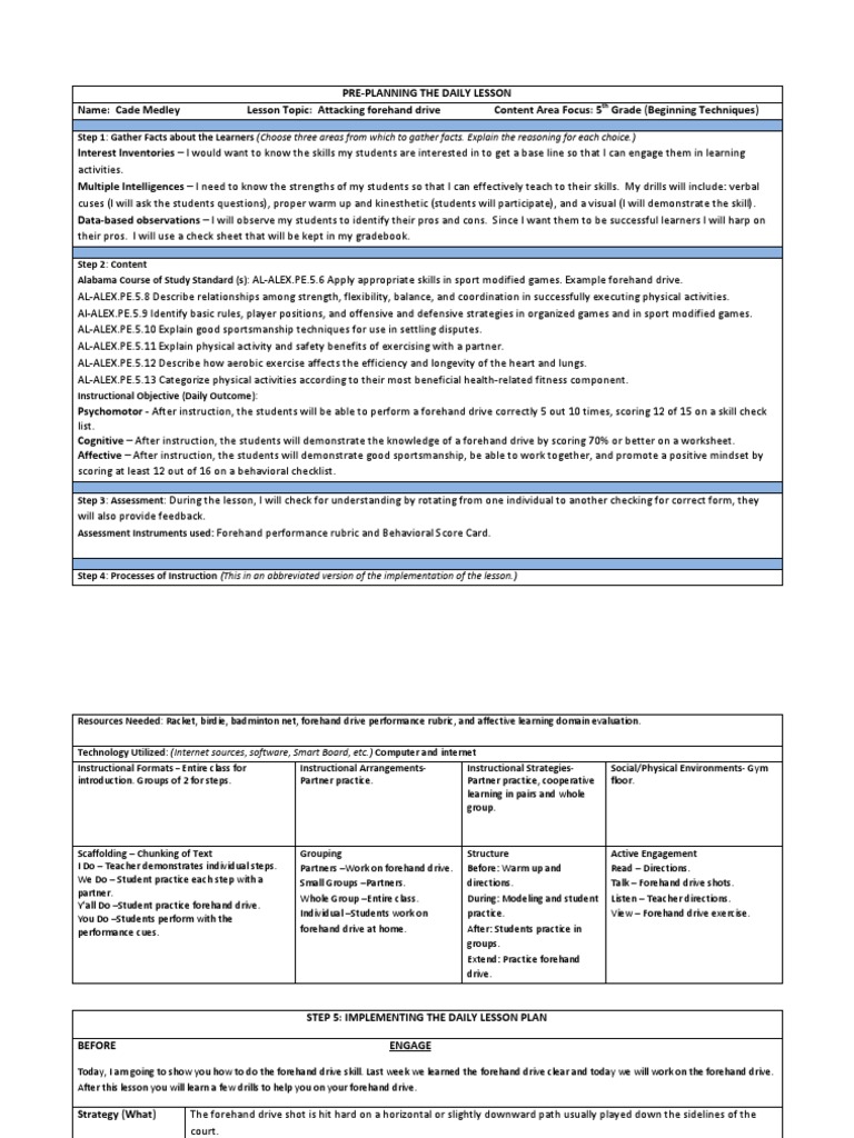 Badminton Lesson Plan | PDF | Physical Education | Lesson Plan
